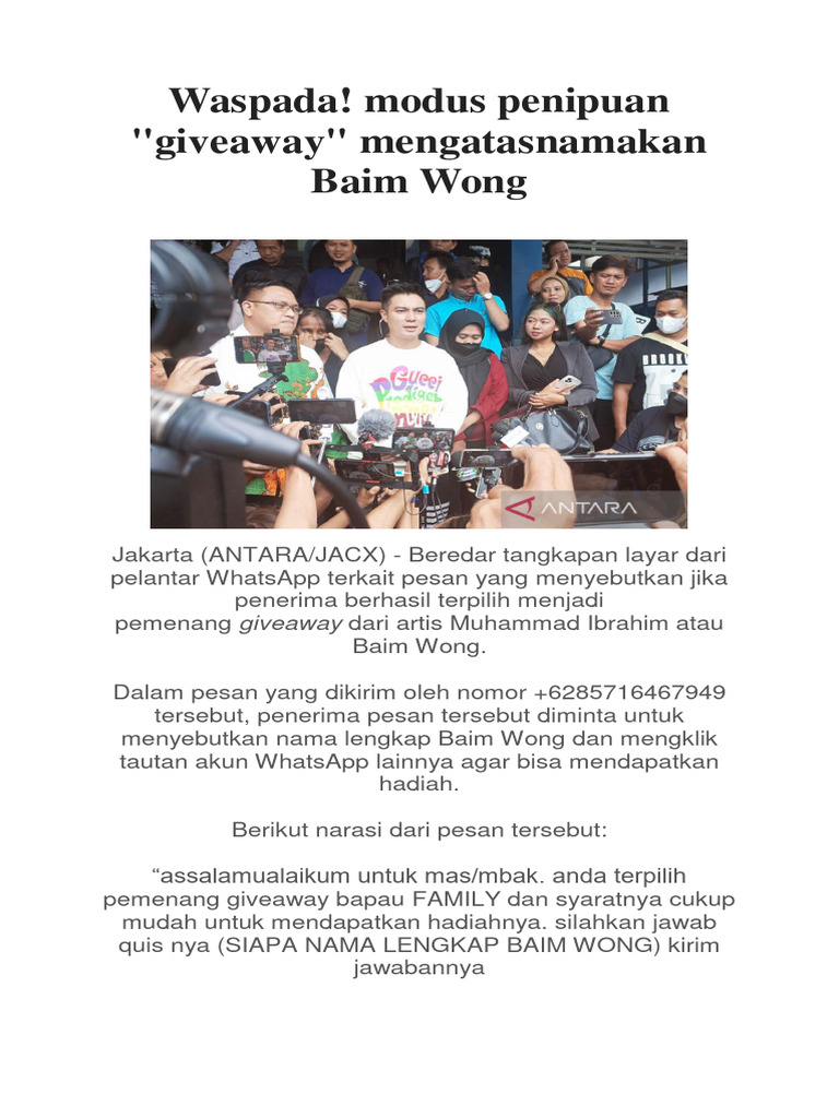 Waspada Penipuan Atas Nama Baim Wong | PDF | Politik