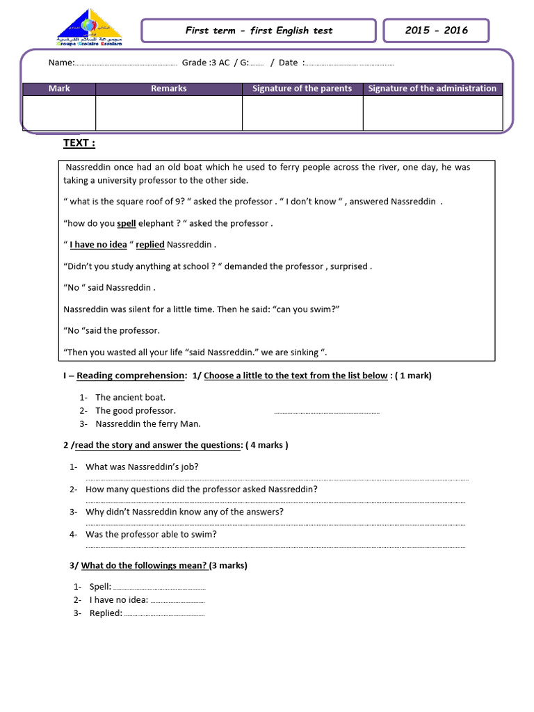 Text:: Second Semester First English Test | PDF | Linguistics ...