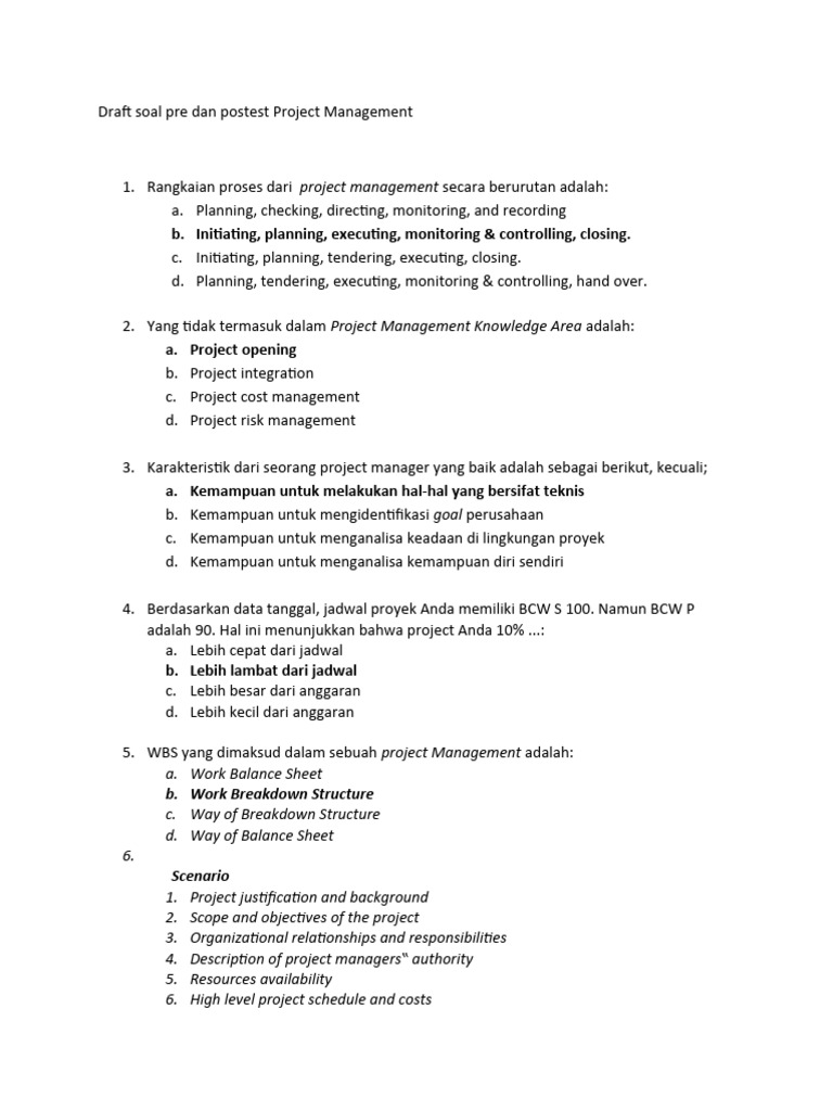 Soal Pre Dan Postest Project Management Awareness | PDF