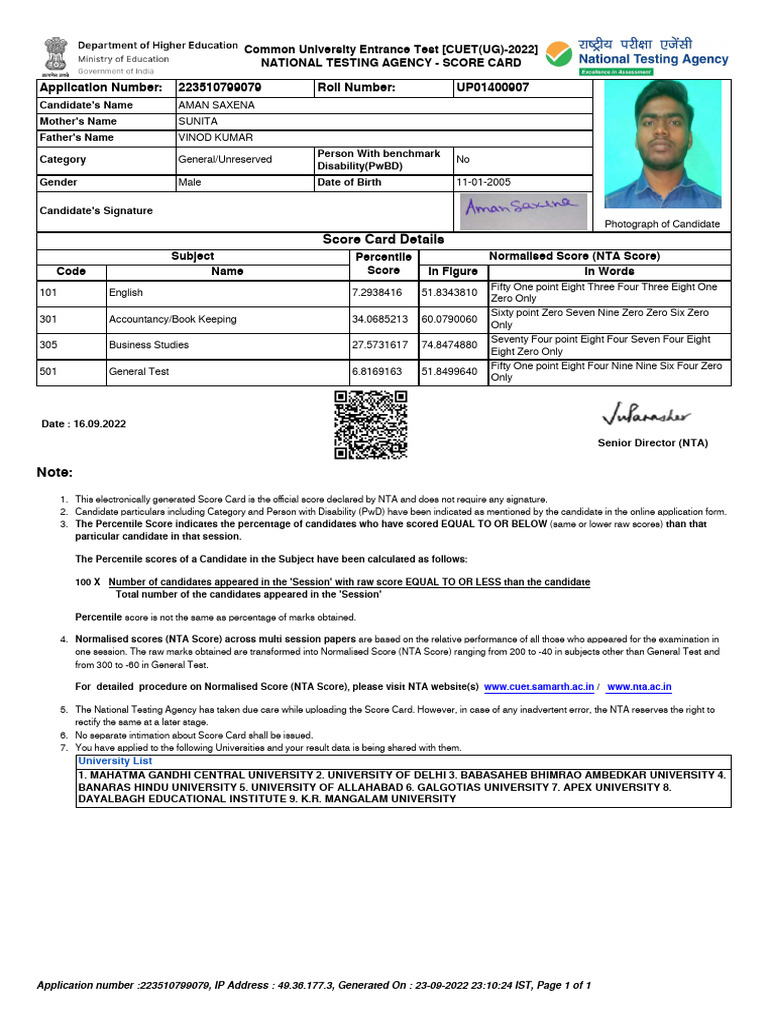 CUET Score Card 2022 | PDF