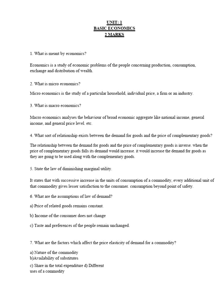 Unit 1 - 2marks | PDF | Demand | Supply (Economics)