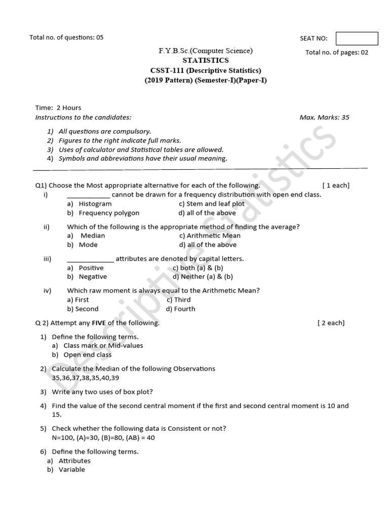 Descriptive Statistics Set 1 | PDF | Mean | Mode (Statistics)