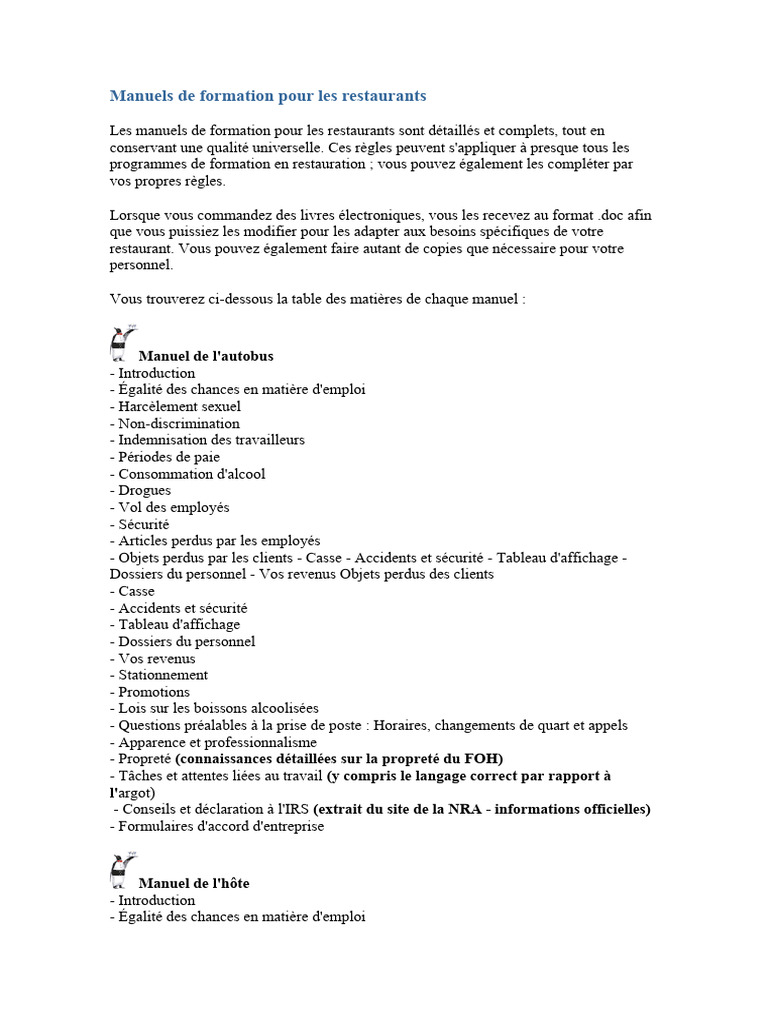Manuels de Formation en Restauration | PDF
