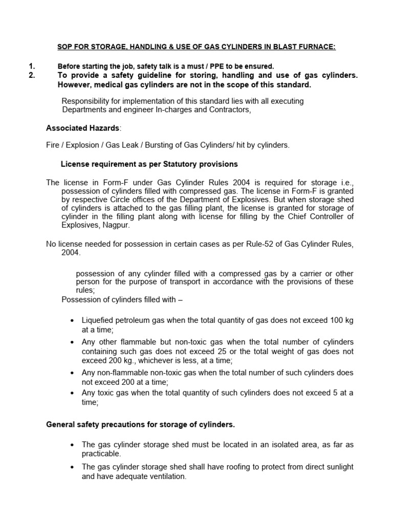 Sop For Storage, Handling & Use of Gas Cylinders | PDF | Valve | Leak