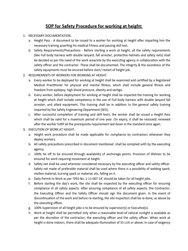 SOP for Working at Height Safety | PDF | Safety | Lighting