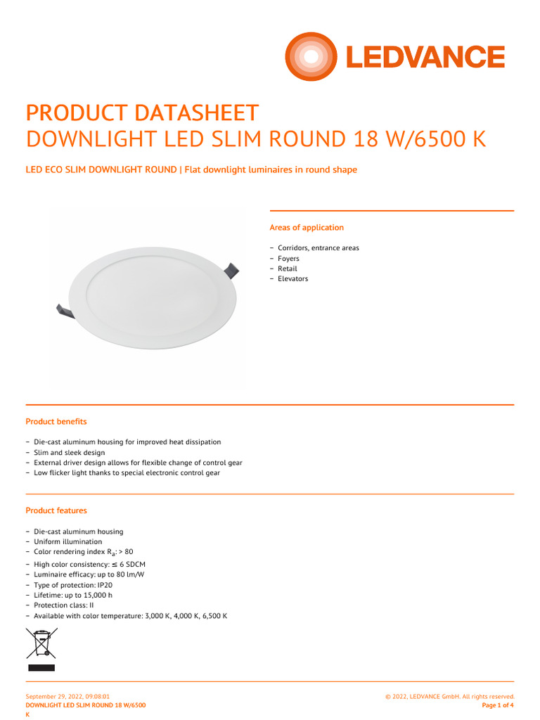 DOWNLIGHT LED SLIM ROUND 18 W 6500 K en | PDF | Lighting | Metrology