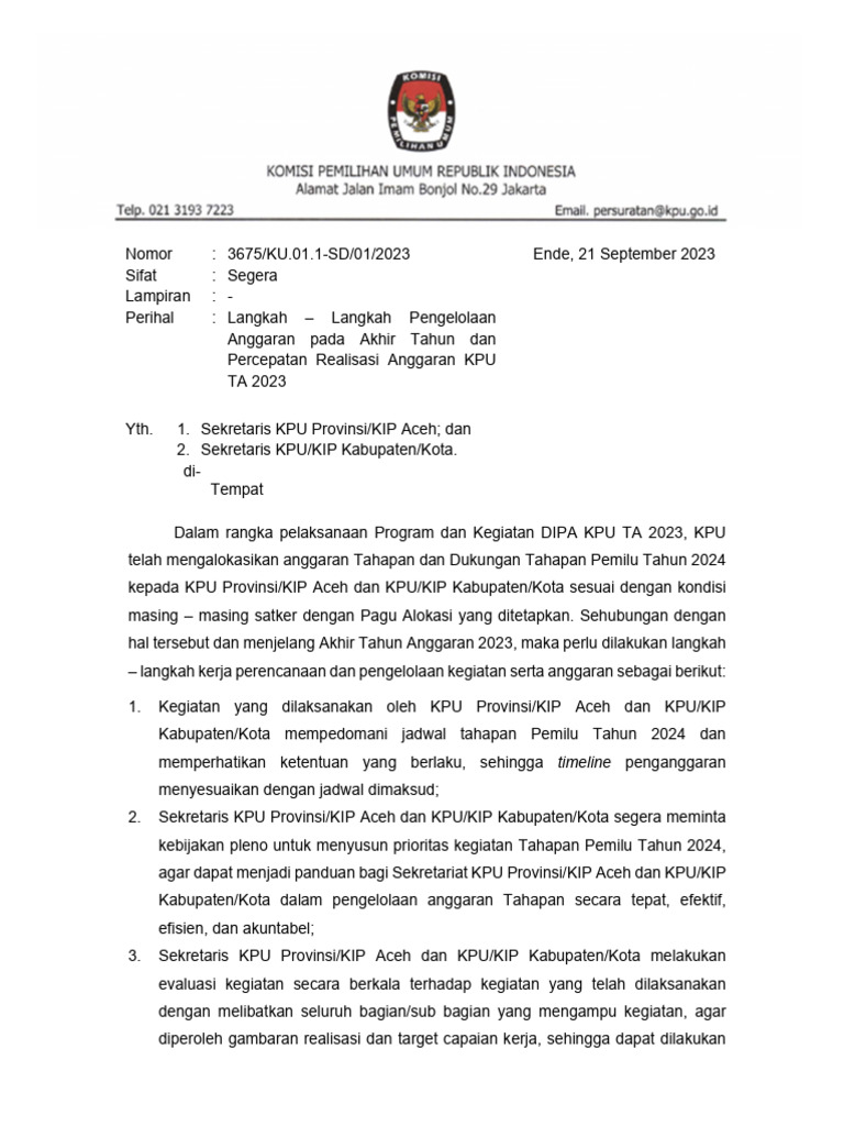 Pengelolaan Anggaran Pada Akhir Tahun Dan Percepatan Realisasi Anggaran KPU TA 2023 | PDF