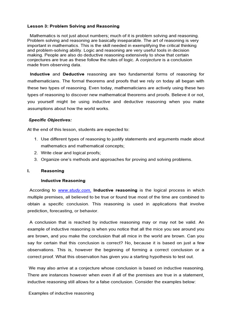 Lesson 3 Problem Solving Reasoning | PDF | Inductive Reasoning | Deductive Reasoning