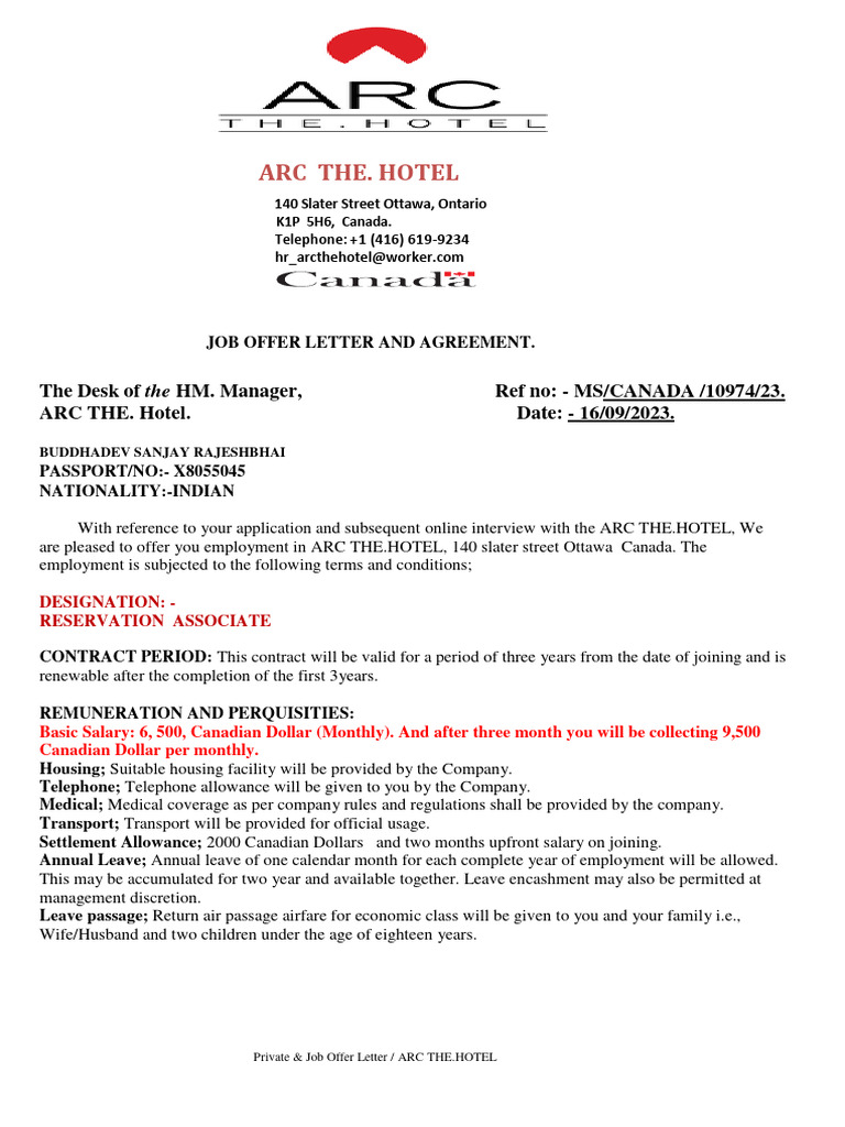 Employee-Arc The - Hotel (Job Offer Letter & Agreement) - Buddhadev ...
