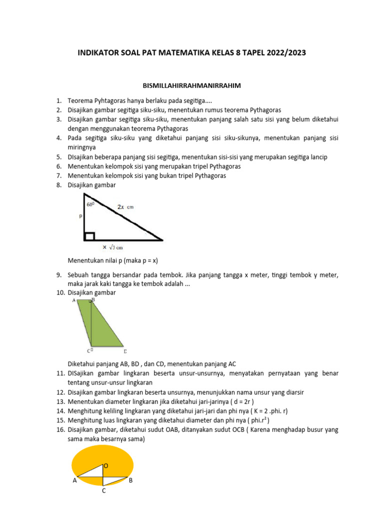 Indikator Soal PAT Matematika Kelas 8 | PDF