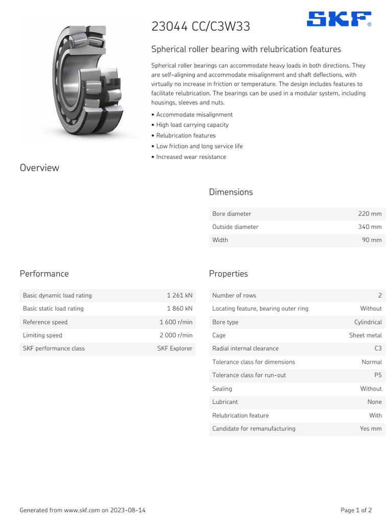 SKF 23044 CC - C3W33 Specification | PDF