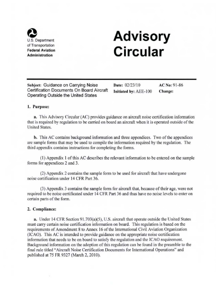 AC - 91-86 Noise Certificate Requirements | PDF | Noise | Pound (Mass)