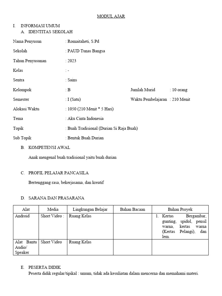 Modul Ajar PAUD: Pengenalan Durian | PDF