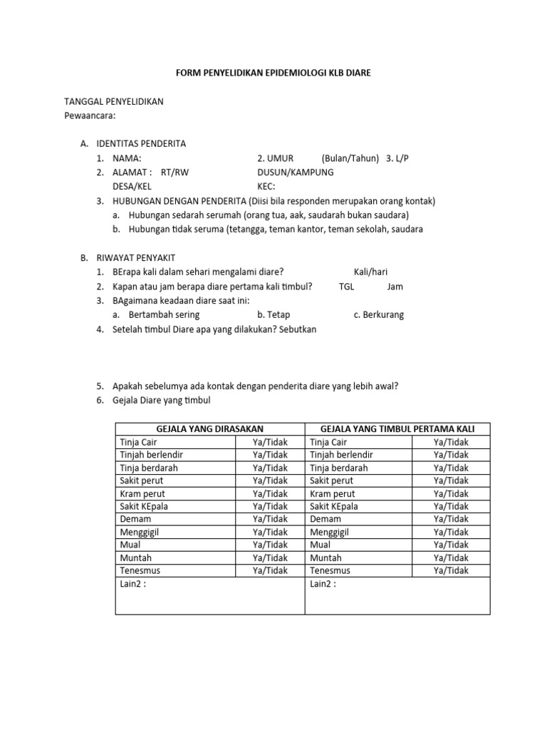 FORM PENYELIDIKAN EPIDEMIOLOGI KLB DIARE | PDF