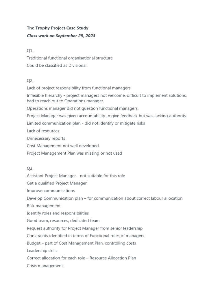 Class Work 02.10.23 - The Trophy Project Case Study | PDF | Career & Growth