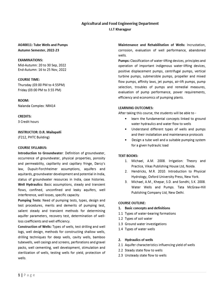 Wells and Pumps - Course - Syllabus | PDF Wells and Pumps - Course - Syllabus | PDF