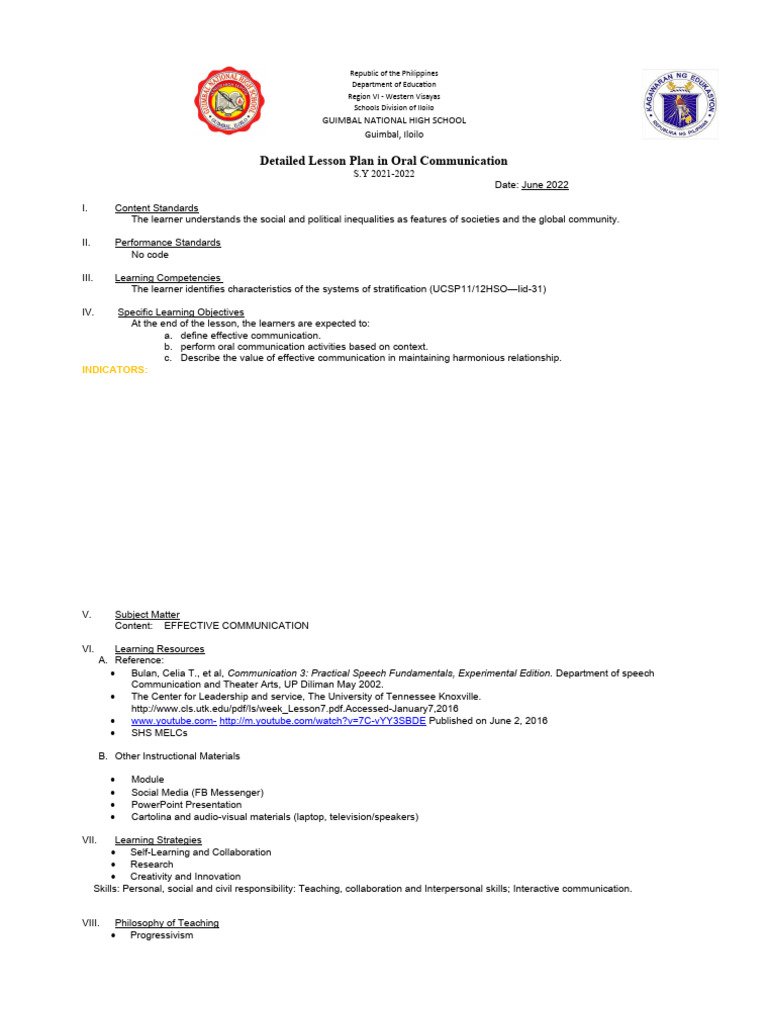 Oral Com First Sem COT Lesson Plan Indigenous Community | PDF | Communication | Learning