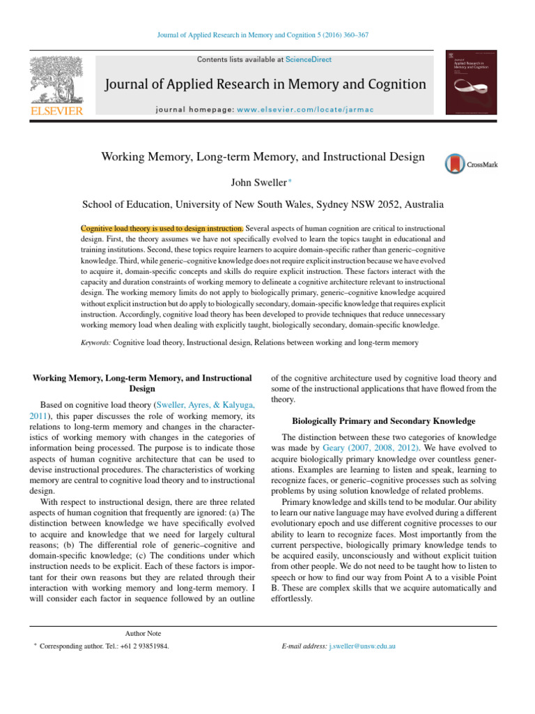 Working Memory, Long-Term Memory, and Instructional Design | PDF | Memory | Expert