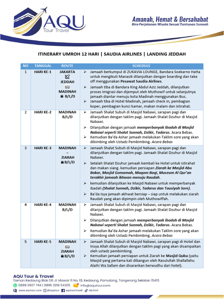 Itinerary Umroh 12 Hari Aqu Tour Saudia Airlines Landing Jeddah | PDF