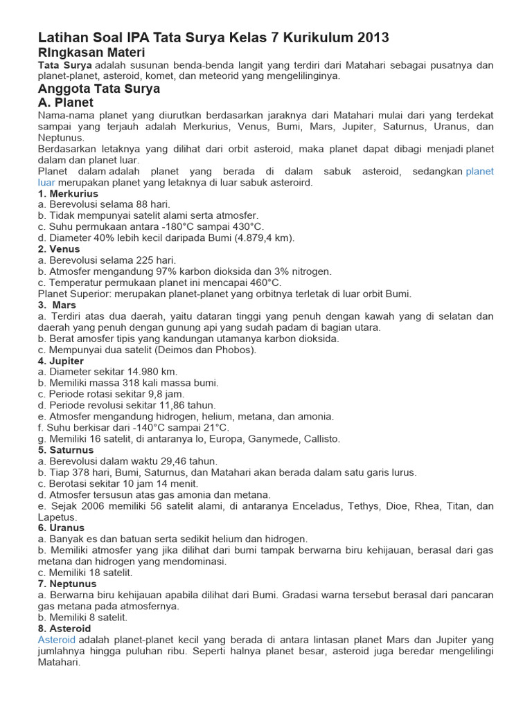 Latihan Soal IPA Tata Surya Kelas 7 Kurikulum 2013 | PDF