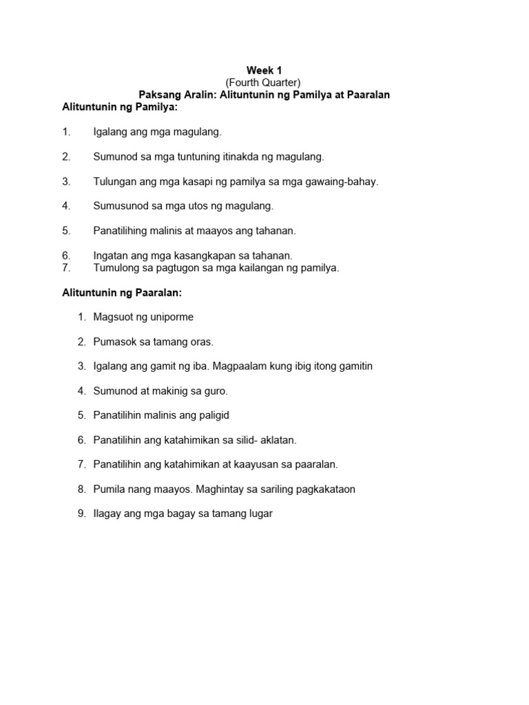 Week 1 4th Quarter, Alituntunin NG Paaralan at Pamilya | PDF