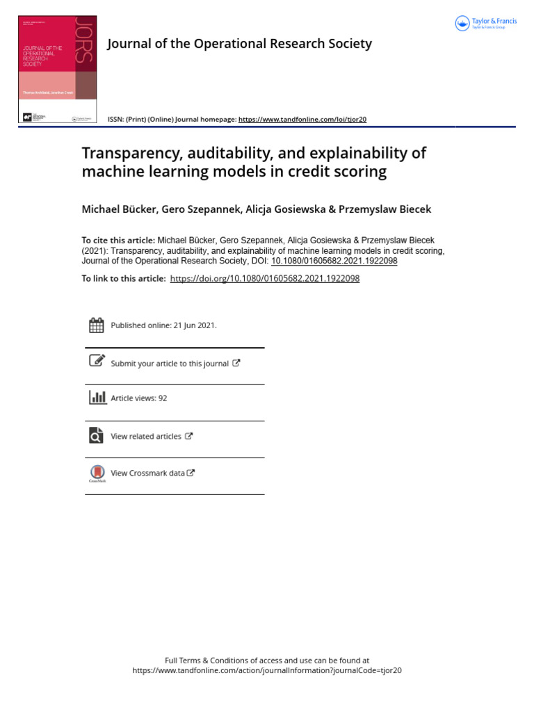 Transparancy, Auditability, and Explainability of Machine Learning Models in Credit Scoring | PDF