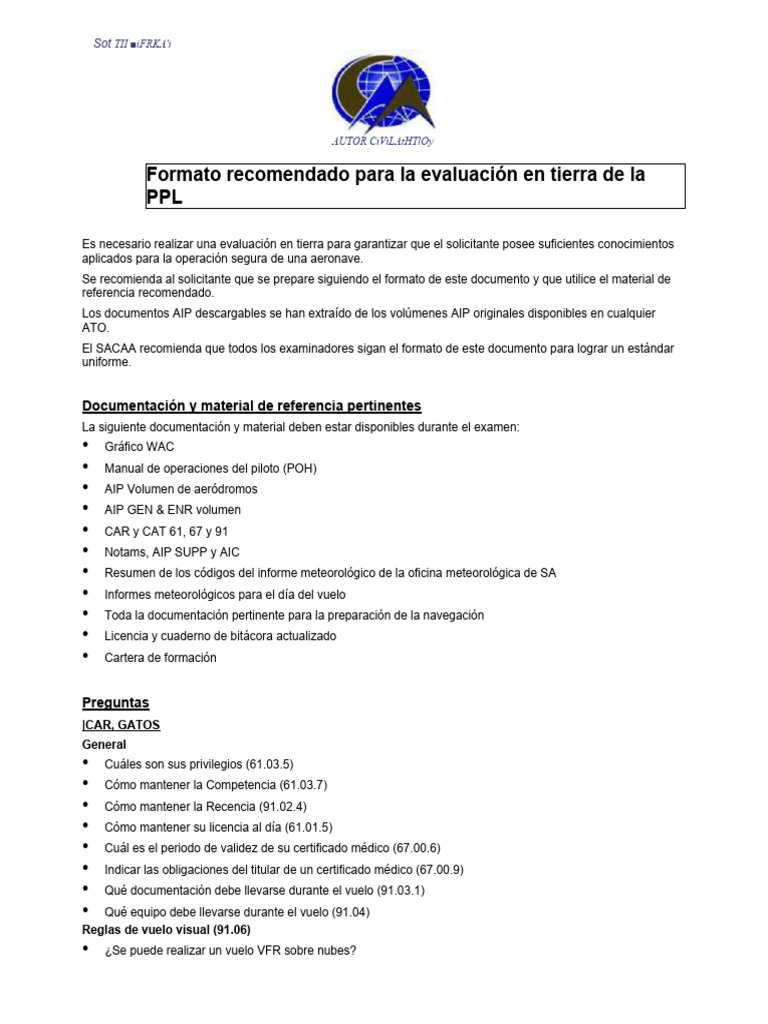 Evaluación del campo de pruebas SA CAA PPL | PDF | Reglas de vuelo ...