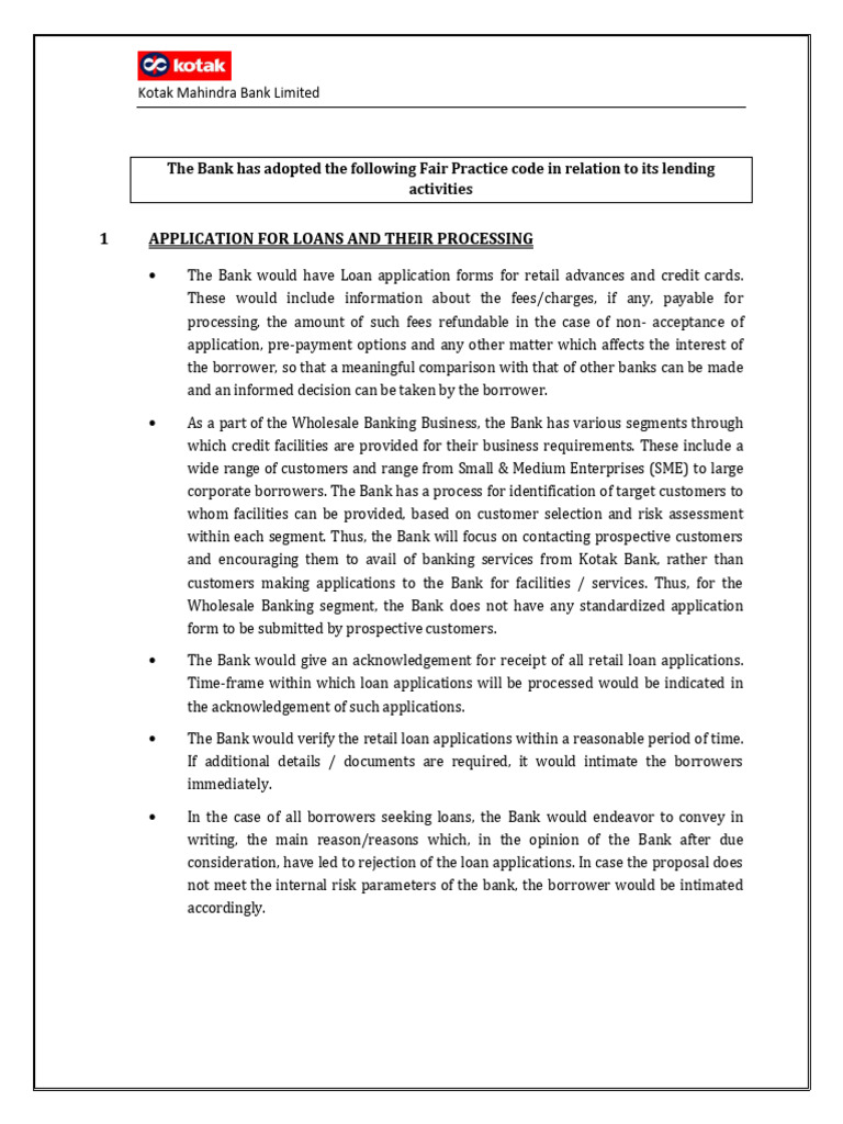 Fair Practice Code for Lenders | PDF