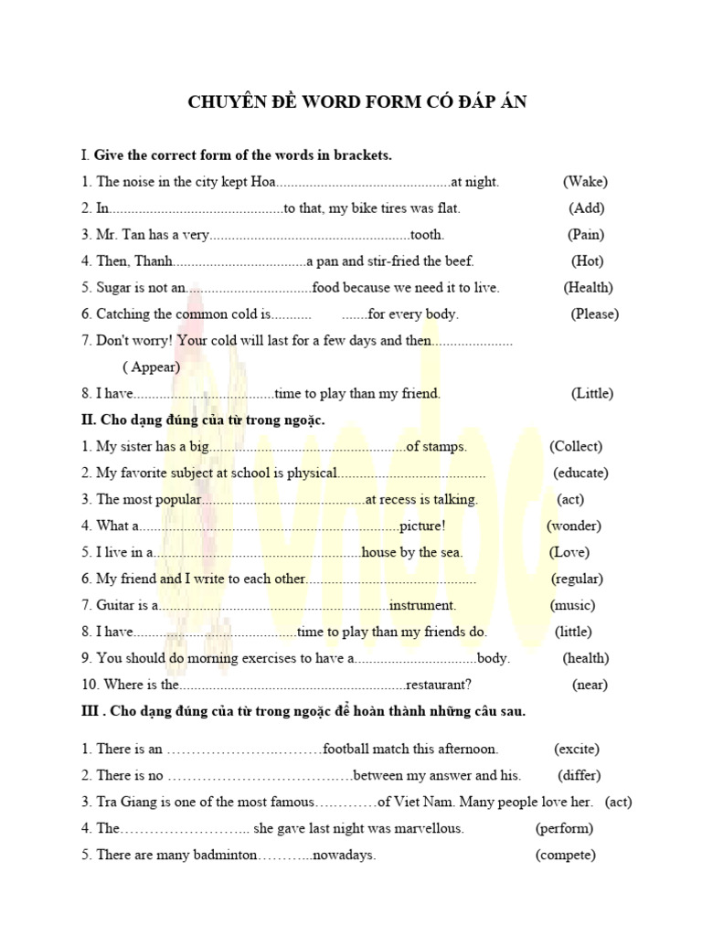 Bai Tap Word Form Tieng Anh Lop 7 | PDF | Vietnam