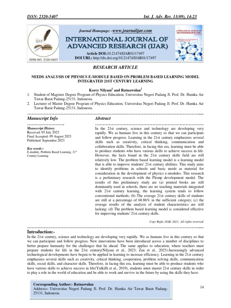 Needs Analysis of Physics E-Module Based On Problem Based Learning Model Integrated 21ST Century ...