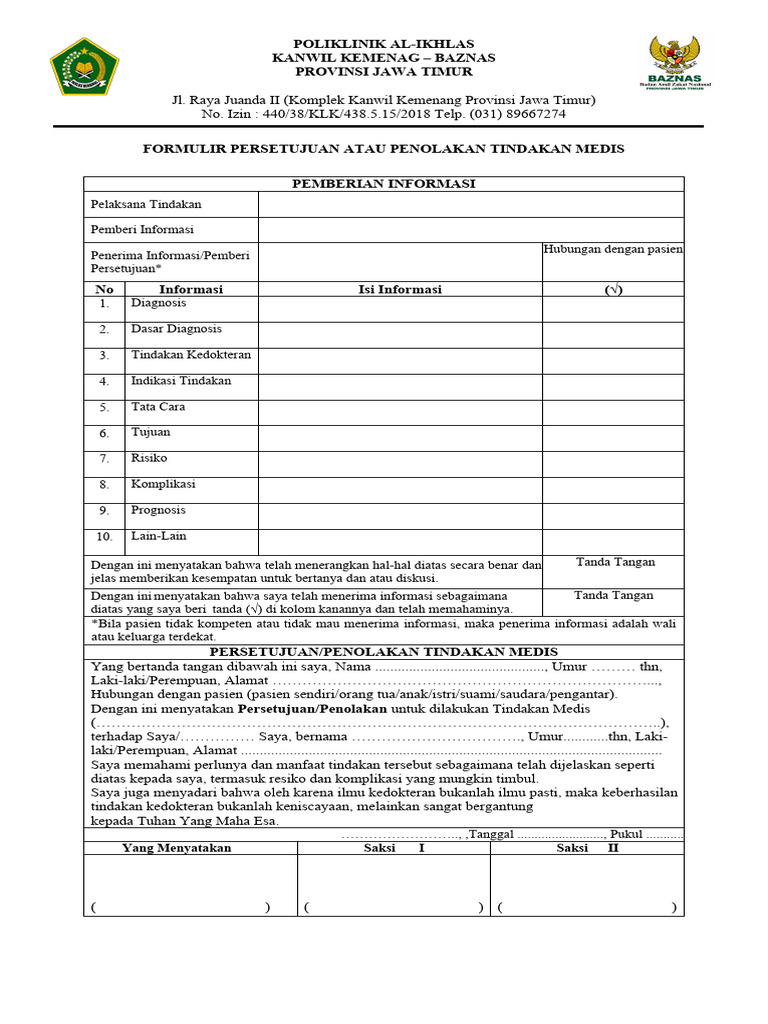 Form Persetujuan Atau Penolakan Tindakan Medis | PDF
