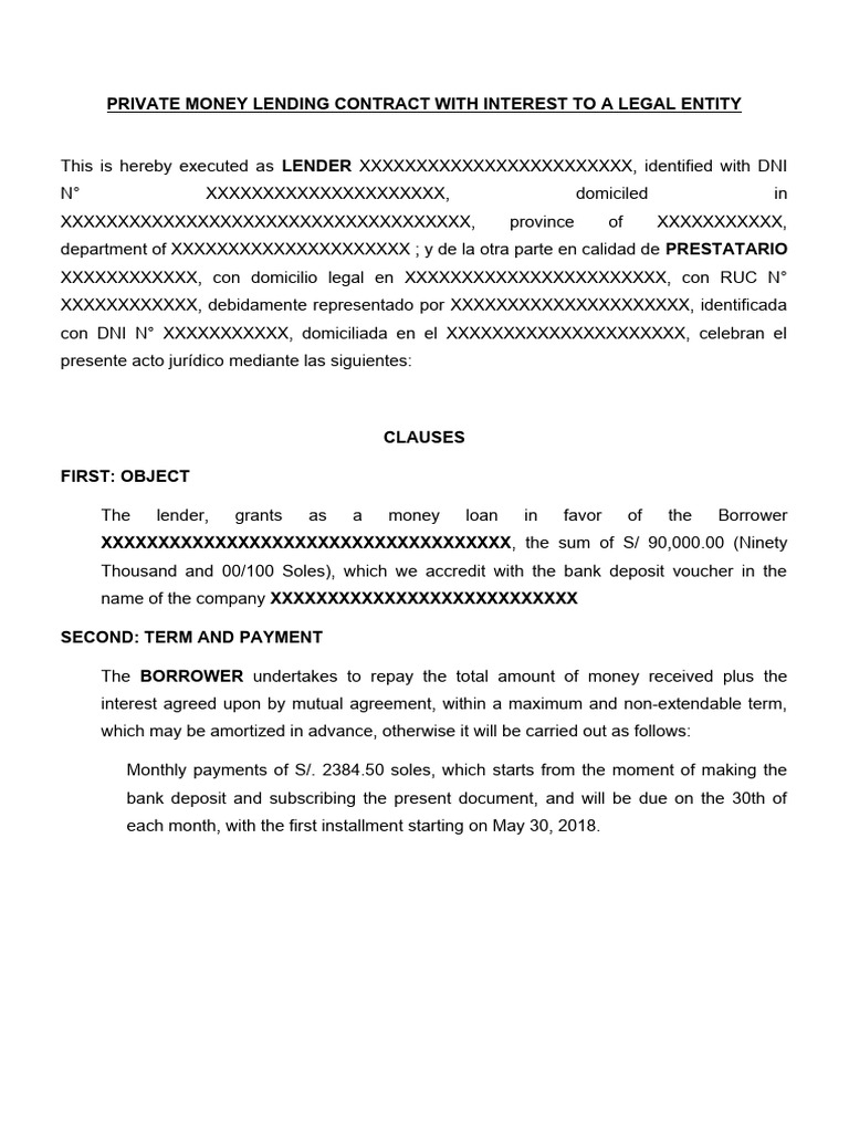 Model Money Loan Agreement To A Legal Person Interest | PDF | Loans ...