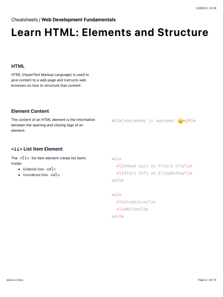 Web Development Fundamentals Learn Html Elements And Structure Cheatsheet Codecademy Pdf