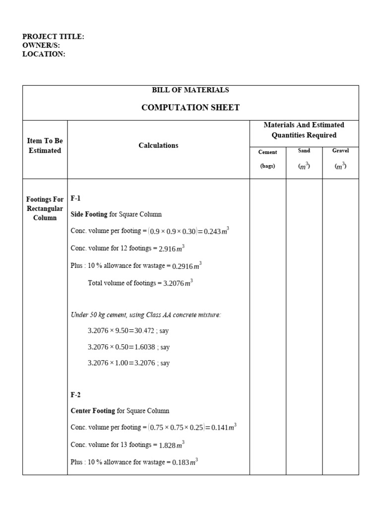 Bill of Materials Computation Sheet | PDF