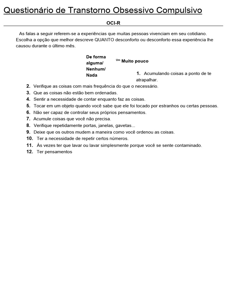 Questionário OCI R | PDF | Pensamento | Transtorno obsessivo compulsivo ...
