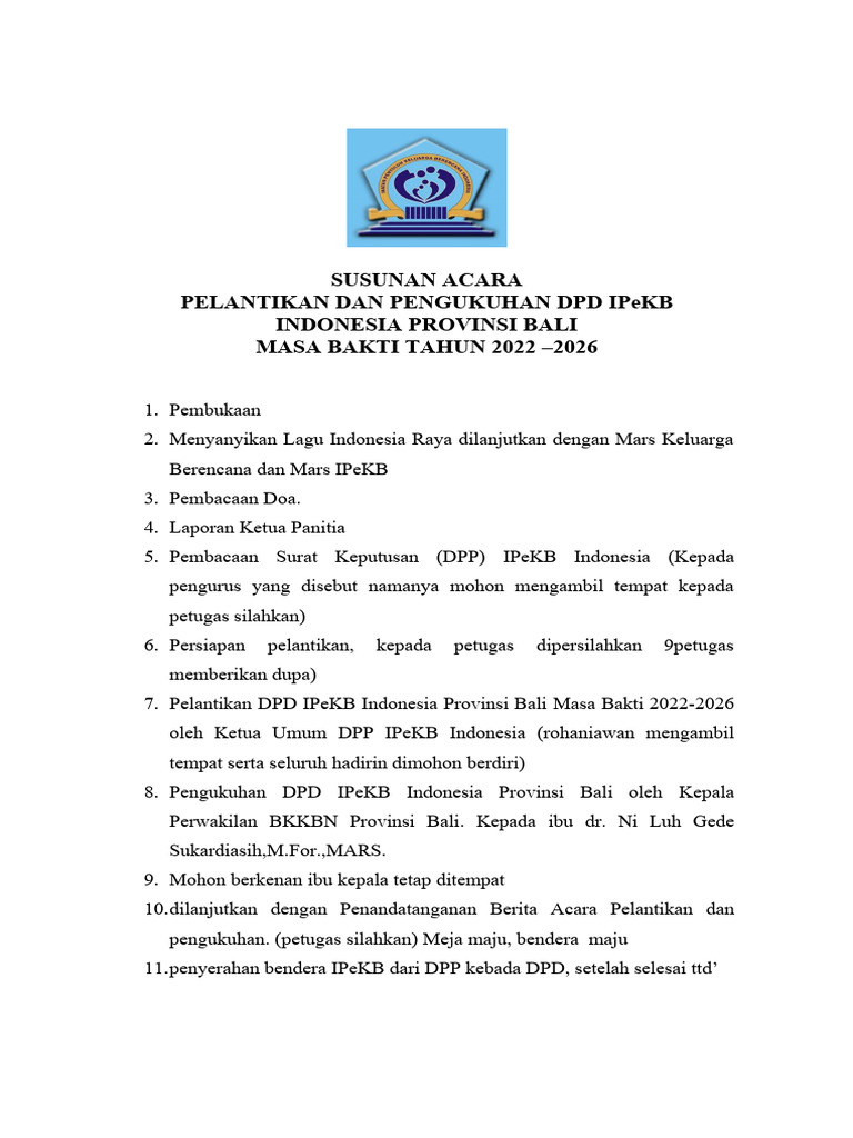 Naskah Acara Pelantikan Dan Pengukuhan DPD Bali | PDF Naskah Acara Pelantikan Dan Pengukuhan DPD Bali | PDF