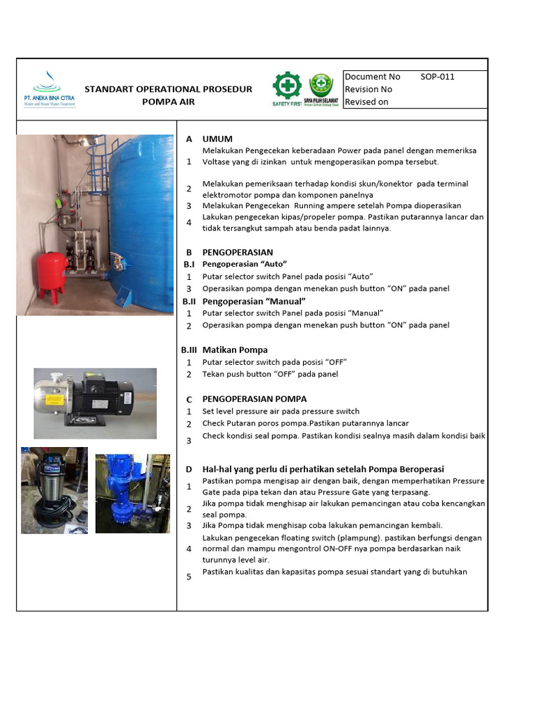SOP Pengoperasian Pompa Air | PDF