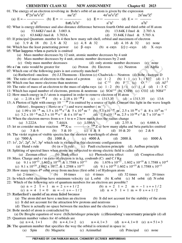 No Ans Regular Assignment of Atomic Structure XI Chapter 2 | PDF | Atoms | Atomic Orbital