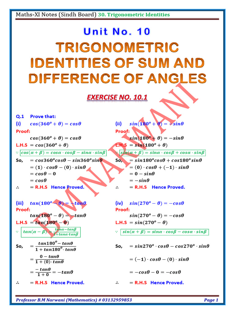 Trigonometric Identities: Q.1 Prove That: (I) (Ii) | PDF | Trigonometry ...