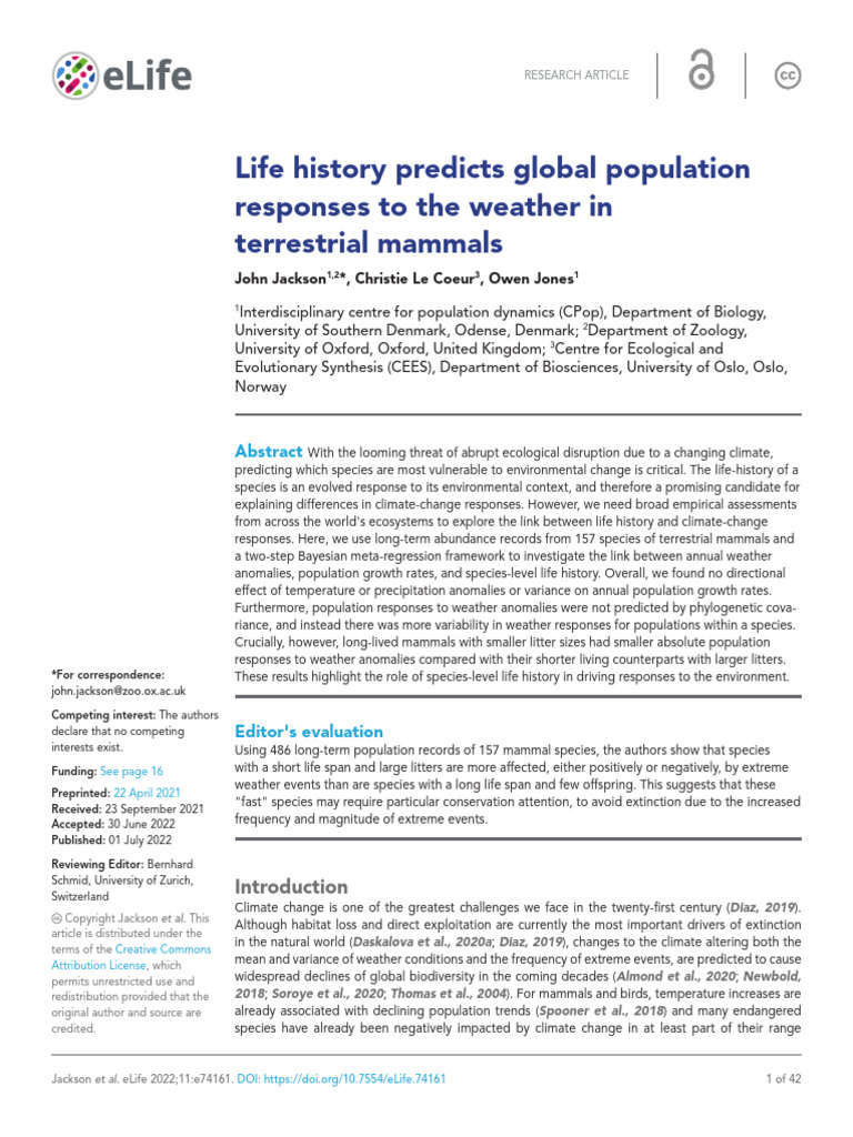 Life History Predicts Global Population Responses To The Weather in ...
