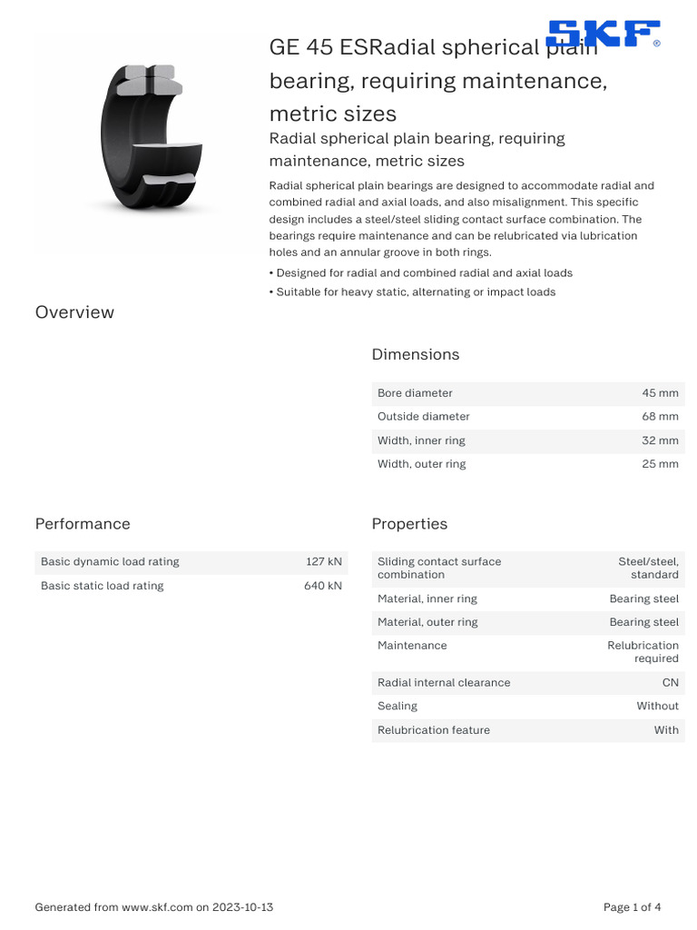 SKF GE 45 ESRadial Spherical Plain Bearing, Requiring Maintenance, Metric Sizes Specification ...