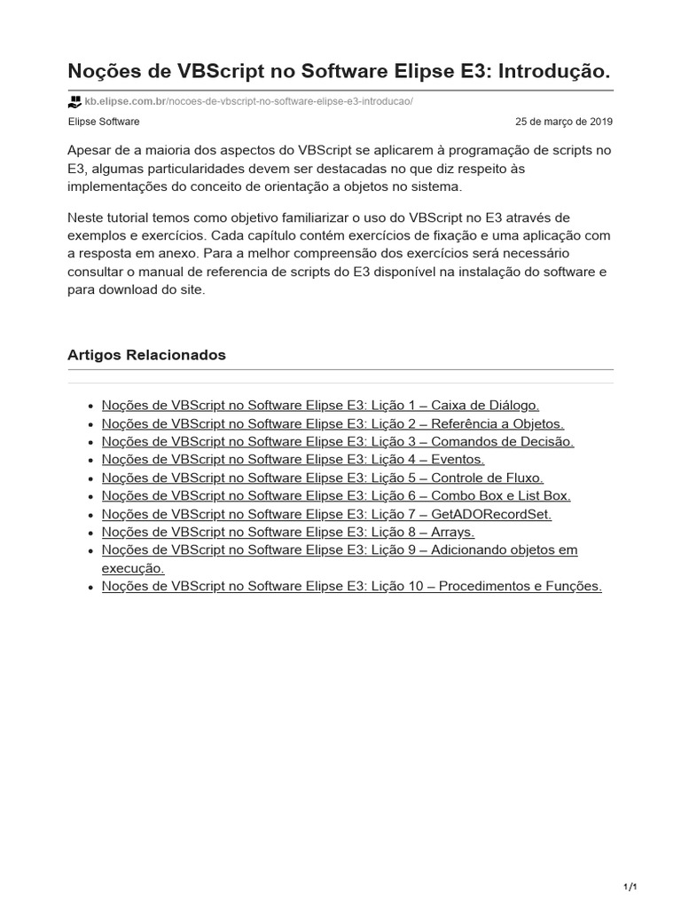 Noções de VBScript No Software Elipse E3 Introdução | PDF | Tecnologia ... Noções de VBScript No Software Elipse E3 Introdução | PDF | Tecnologia ...