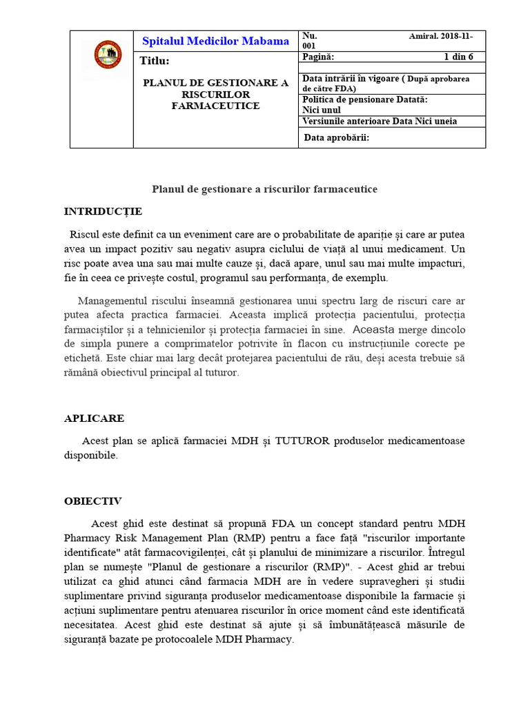 Plan de Management Al Riscului În Farmacie | PDF