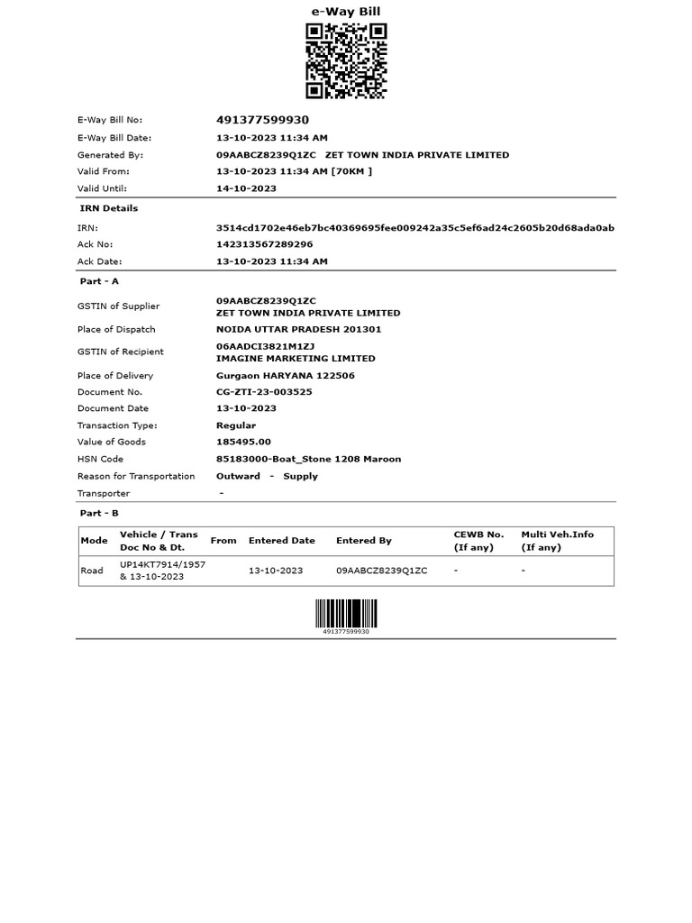 Eway Bill Cg-Zti-23-003525 | PDF