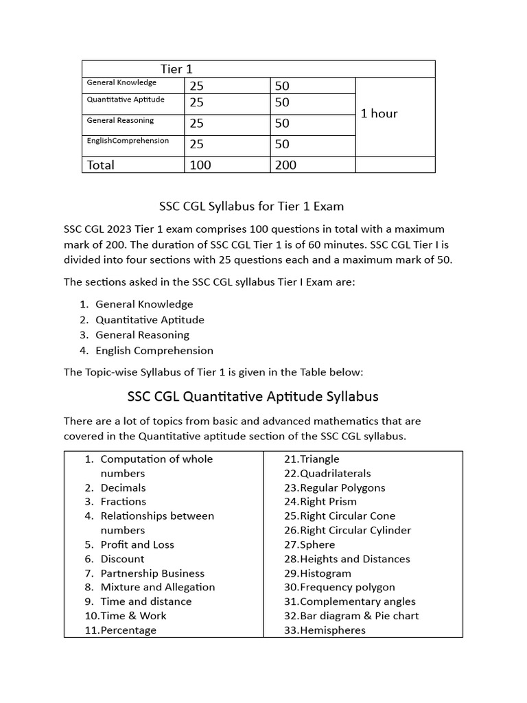 SSC CGL Syllabus For Tier 1 2 Exam | PDF | Sampling (Statistics) | Cost ...