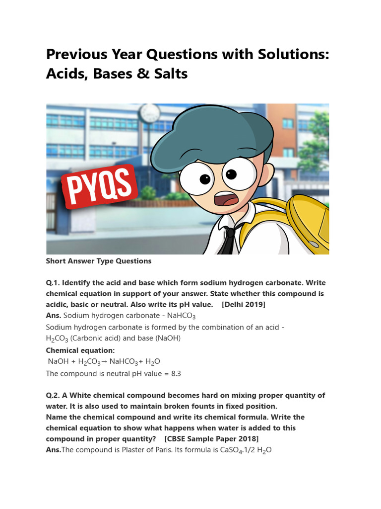 Previous Year Questions Acids, Bases & Salts | PDF | Sodium Bicarbonate ...