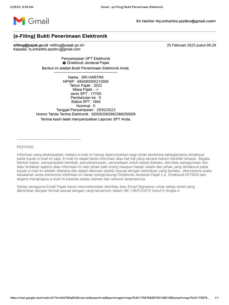 (E-Filing) Bukti Penerimaan Elektronik Sri Hartini | PDF | Pengelolaan Keuangan & Uang