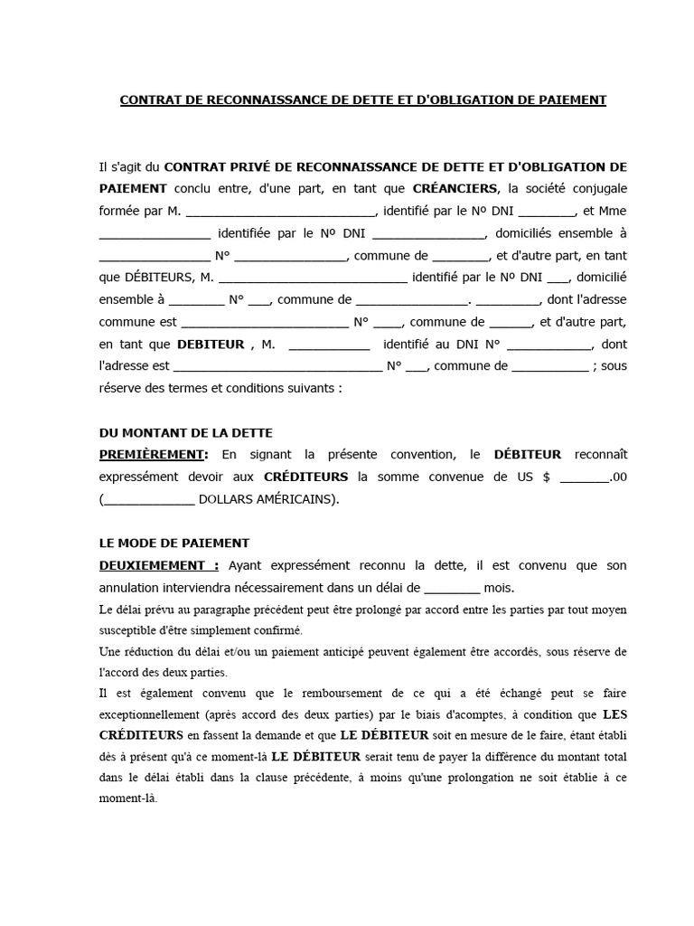 Reconnaissance de Dette Format Du Contrat | PDF