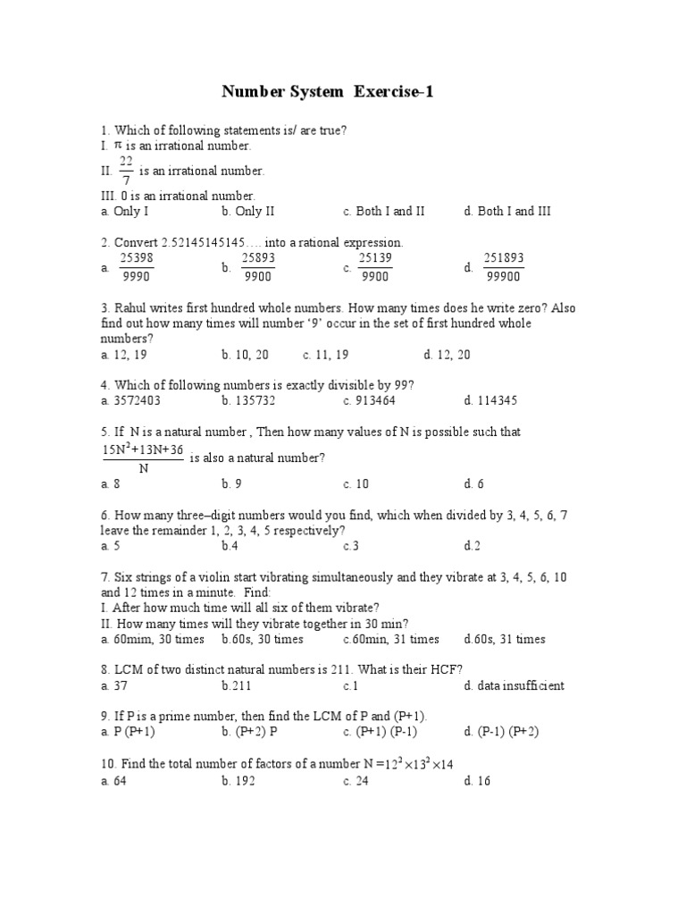 Number System Exercise 1 Pdf Numbers Elementary Mathematics