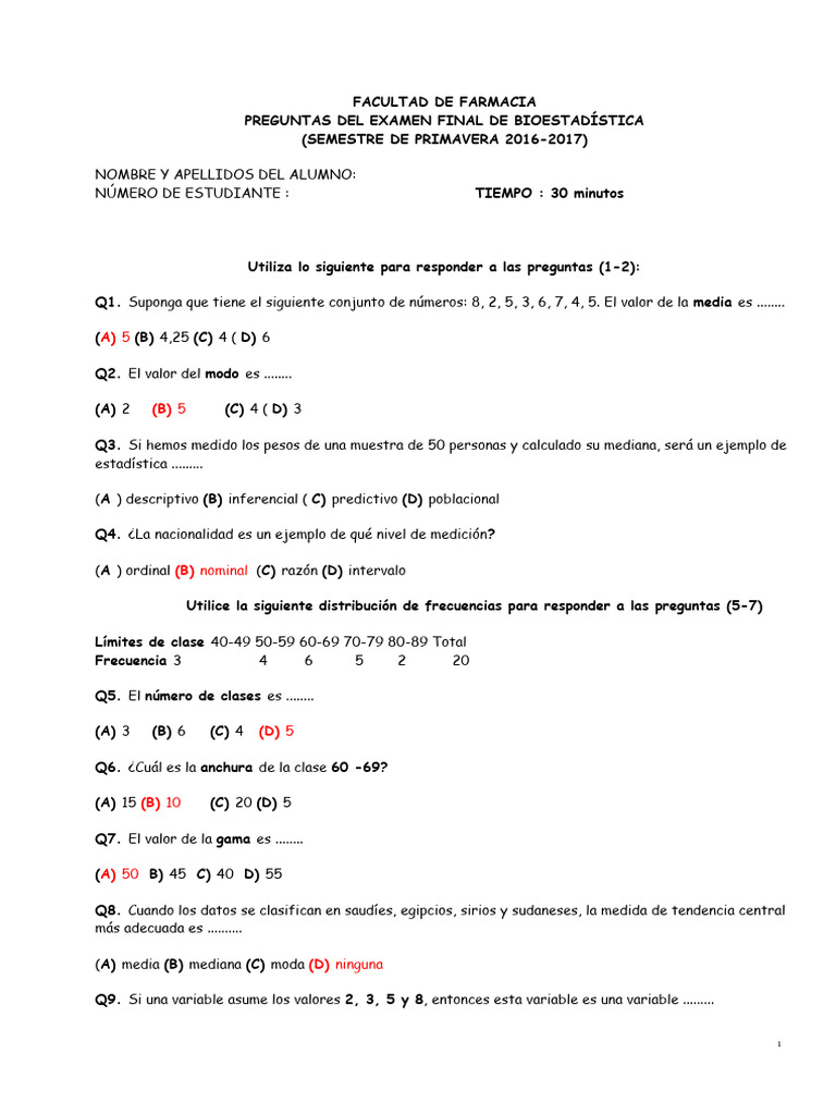 Banco de preguntas de bioestadística 555 | PDF | Media | Muestreo (Estadísticas)